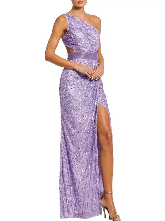 Mac Duggal Sequined One-shoulder Lace-up Gown - Lilac