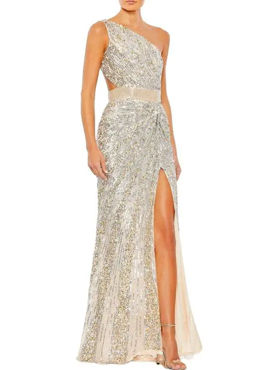 Mac Duggal Sequined One-shoulder Lace-up Gown - Nude Silver