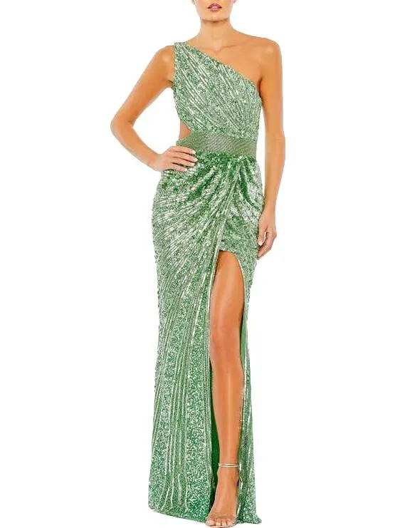 Mac Duggal Sequined One-shoulder Draped Gown With Lace-up Back - Sage