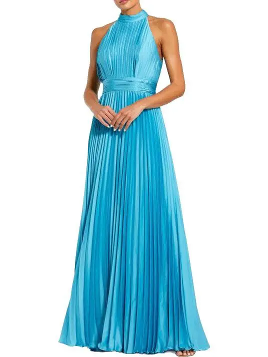 Mac Duggal Pleated Sleeveless Halter Gown - Pool Blue