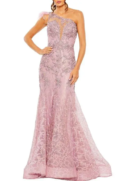 Mac Duggal Embroidered Applique Feathered One Shoulder Gown - Rose