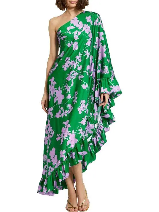 Mac Duggal Printed Charmeuse One Shoulder Draped Gown - Green Multi