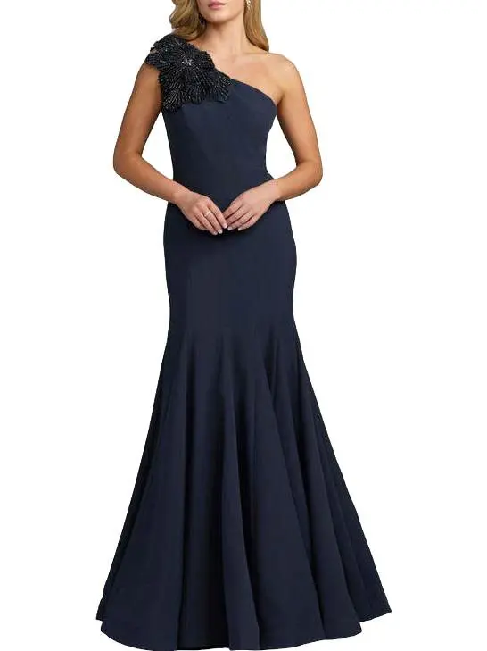 Mac Duggal Crepe One Shoulder Gown With Floral Detail - Midnight