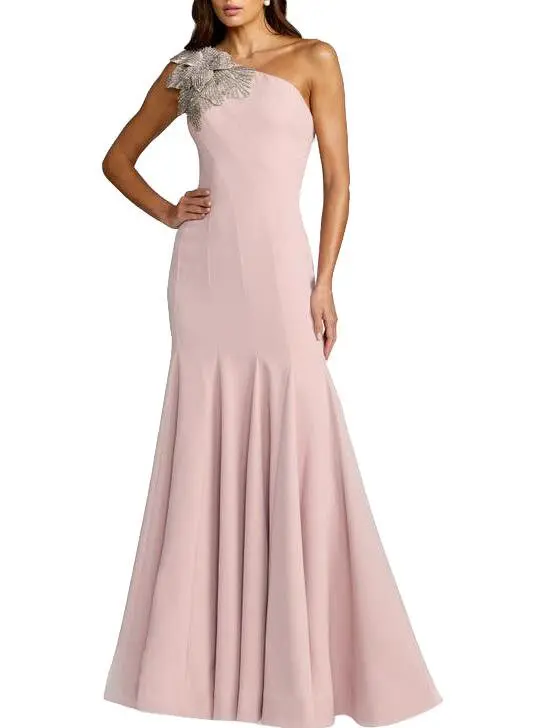 Mac Duggal Crepe One Shoulder Gown With Floral Detail - Rose