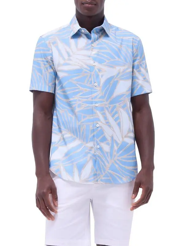 Bugatchi Orson Leaf Print Short Sleeve Stretch Cotton Button-up Shirt - Air Blue