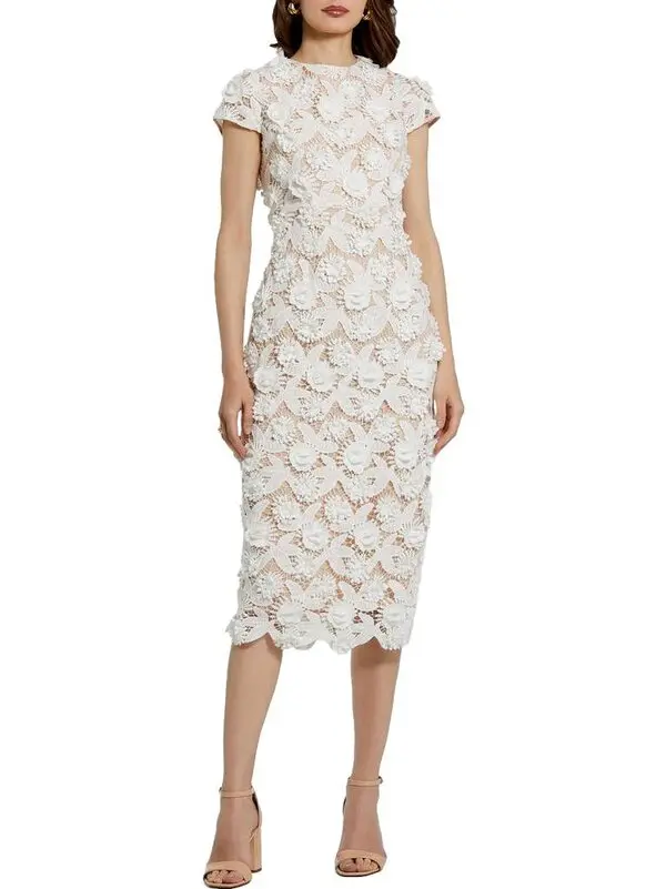 Mac Duggal Lace 3d Flower Fitted Midi Dress - Ivory Nude
