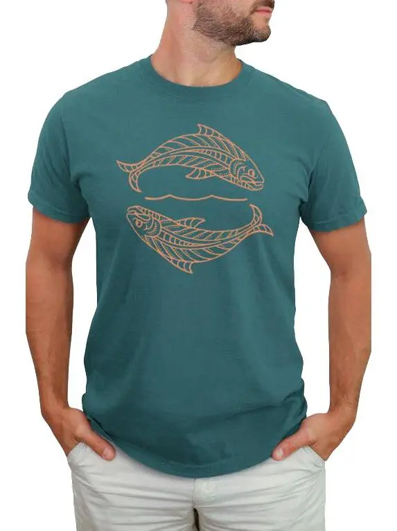 LOST GODS Simple Fish Print Graphic T-shirt - Blue Spruce