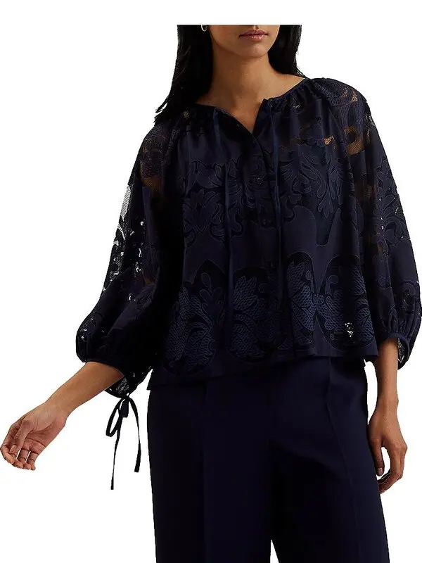 Ted Baker London Lace Puffed Sleeve Blouse - Dark Blue