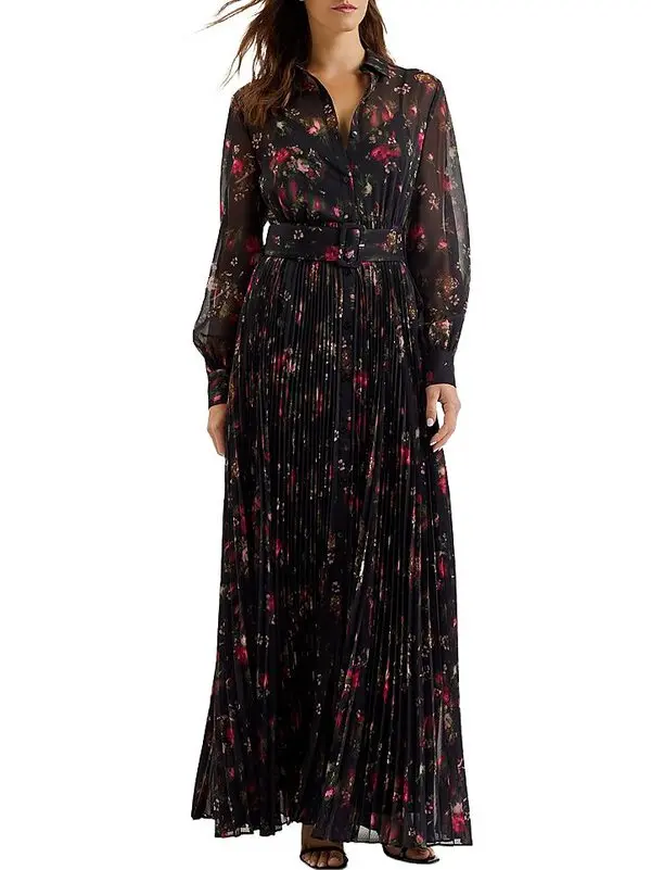 Ted Baker London Printed Pleated Skirt Maxi Dress - Black
