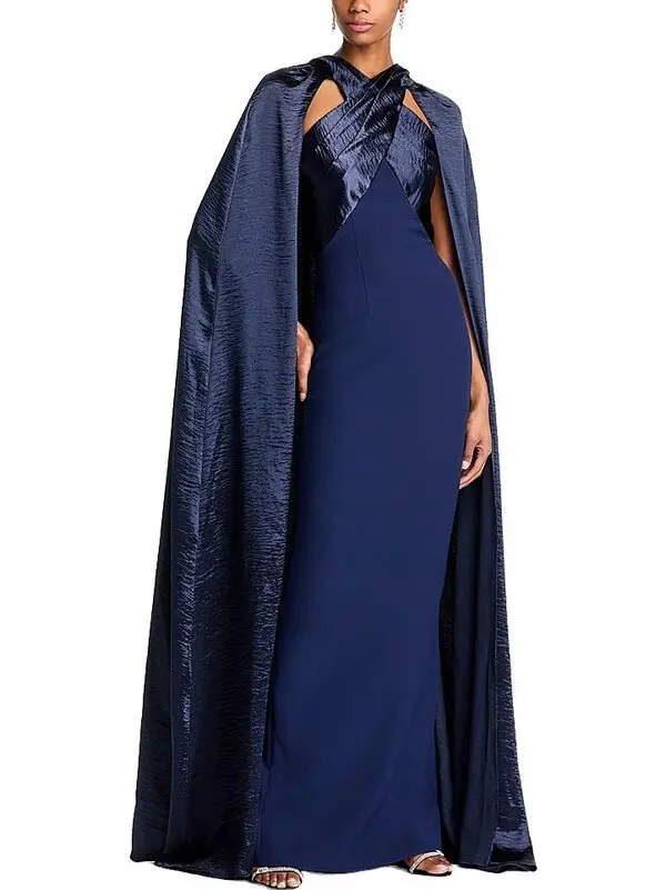 Safiyaa Alara Column Gown With Cape - Maritime