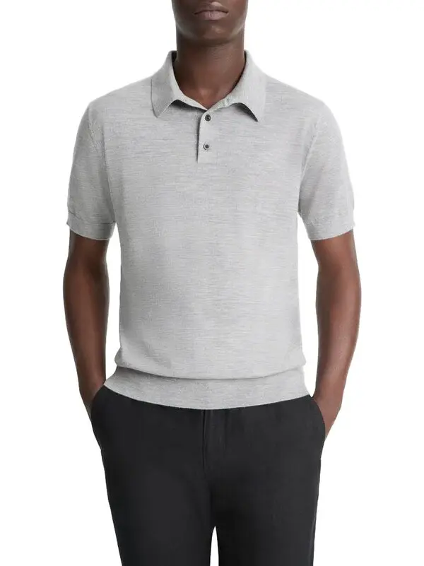Vince Short Sleeve Wool & Cashmere Polo Sweater - Heather Grey