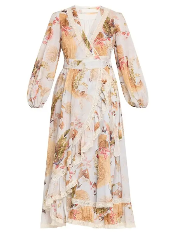 Zimmermann Ascension Frilled Wrap Dress - Light Blue Palm Floral