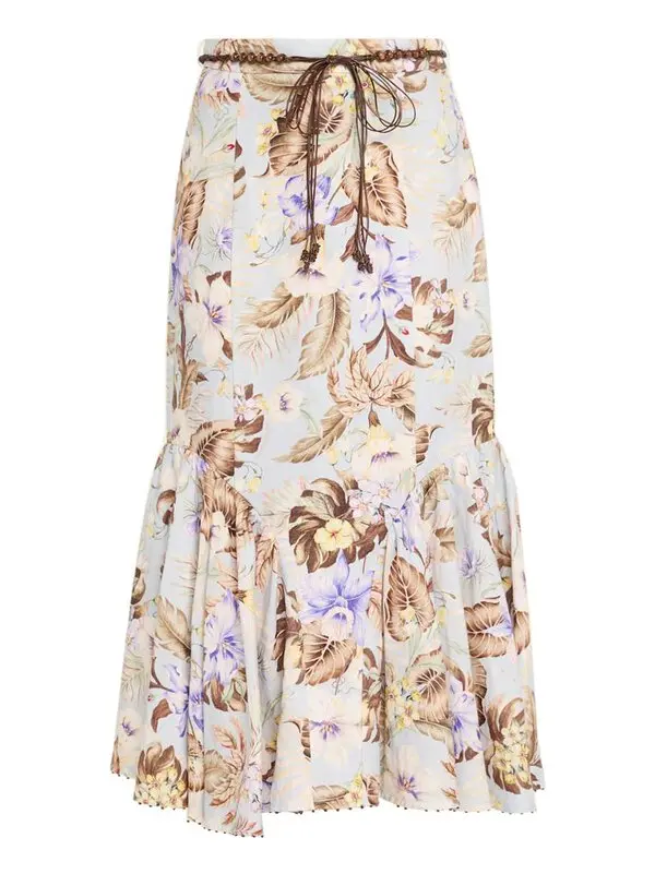 Zimmermann Coco Floral Linen Midi Skirt - Powder Blue Multi Floral