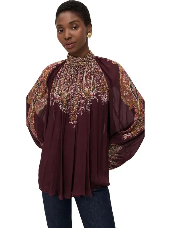 Hemant & Nandita Paisley Print Chiffon Blouse - Burgundy