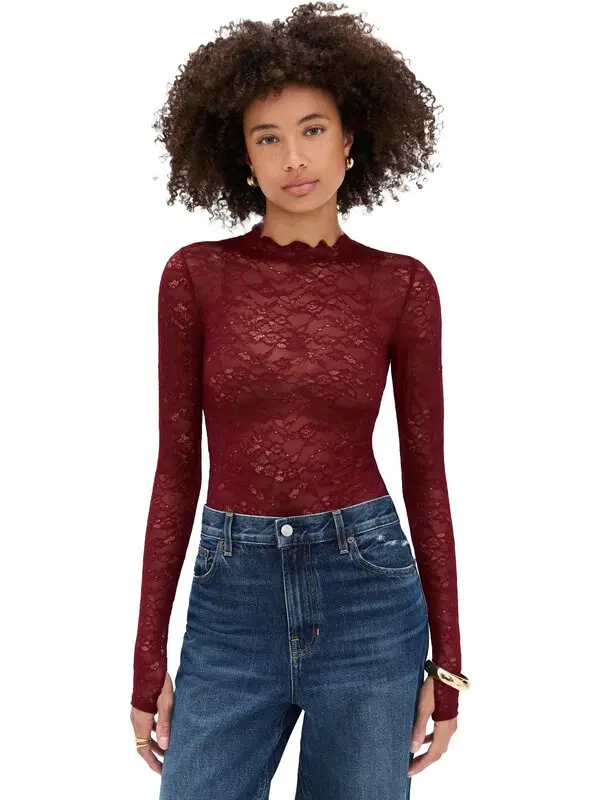 Alice + Olivia Taeyn Lace Crew Neck Bodysuit - Oxblood