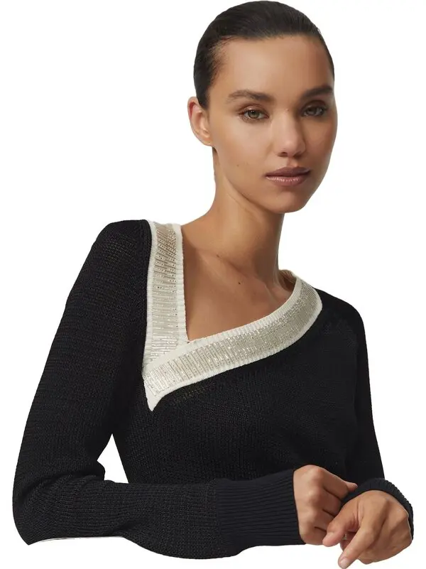 REISS Aubrey Bead-detail Asymmetric Knit Jumper - Black/white