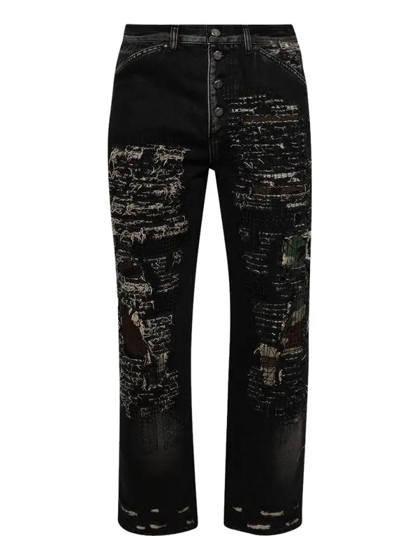 THUG CLUB Vintage Stitched Camo Denim Pants - Black