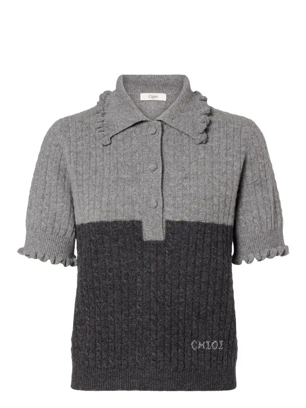 Chloé Cable-knit Ruffled Wool And Cashmere Polo Shirt - Grey