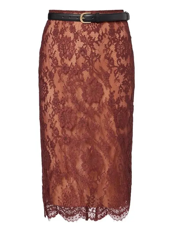 SELF-PORTRAIT Belted Floral Lace Midi Skirt - Brown