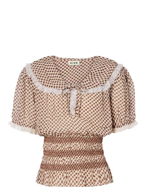 Rixo Britt Gingham Shirred Crêpe Top - Brown