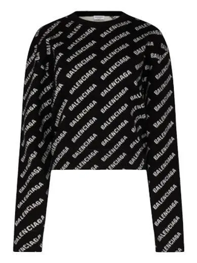 Balenciaga Wool All Over Print Cropped Sweater - Black