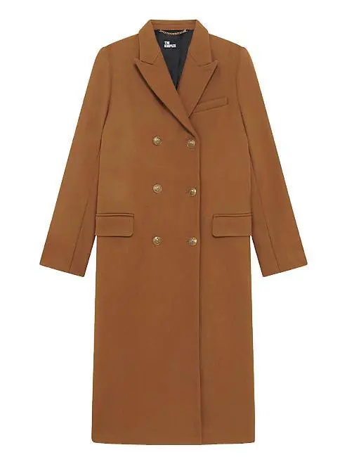 The Kooples Peak-lapel Double-breasted Wool-blend Coat - Camel Melange / Burgundy