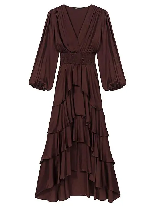 Maje Ruffled V-neck Maxi Dress - Brown