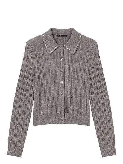 Maje Slim-fit Wool Cardigan With Rhinestone Collar - Grey