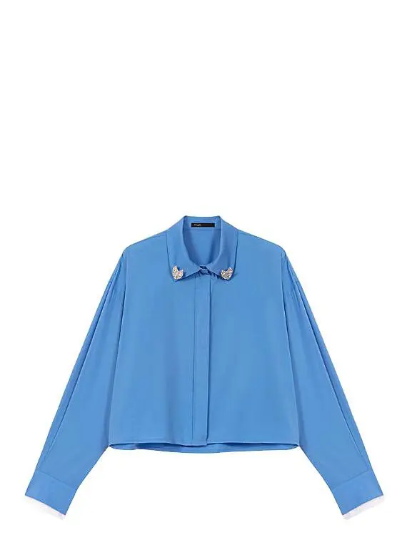 Maje Cropped Diamanté-embellished Stretch-cotton Shirt - Blue