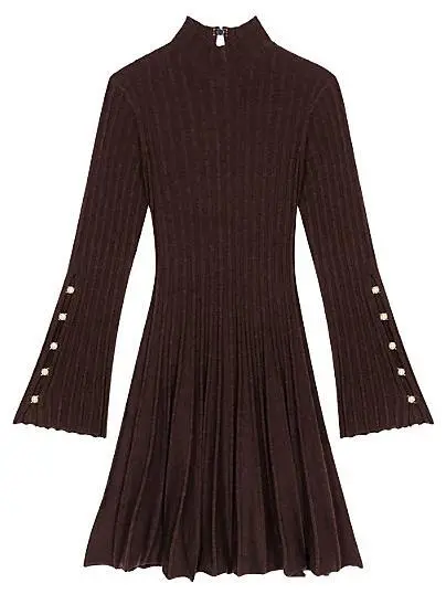 Maje Pleated High-neck Mini Dress - Dark Brown