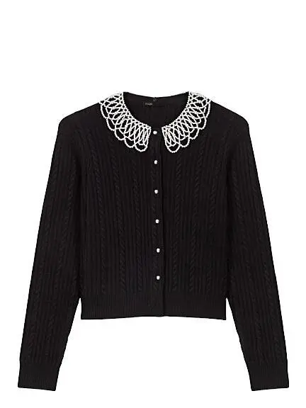Maje Beaded Removable-collar Wool-blend Cardigan - Black