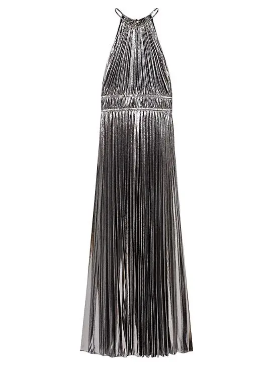 Maje Woven Pleated Halter-neck Maxi Dress - Silver