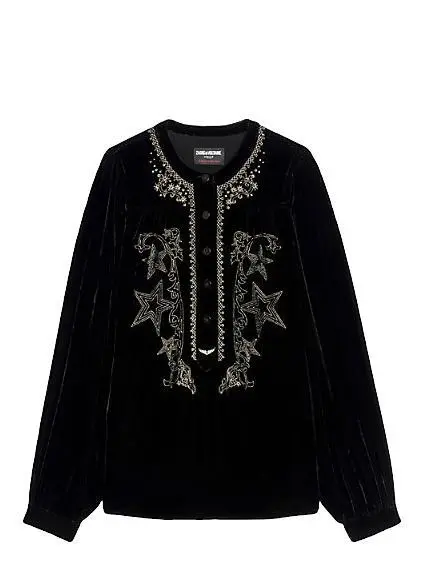Zadig&Voltaire Tigy Embroidered Silk And Velvet-blend Blouse - Black
