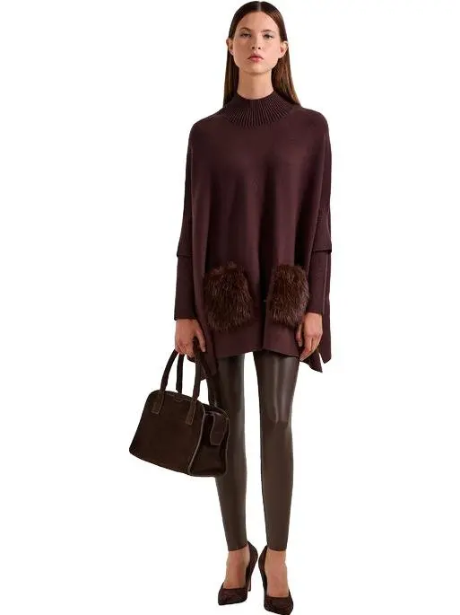 Rudsak Blended Knit Poncho With Faux Fur Pockets - Brown