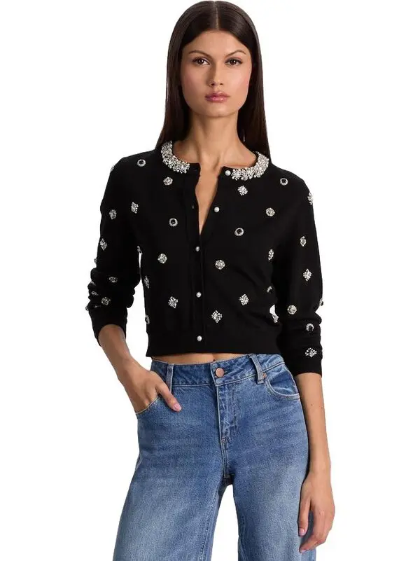 Alice + Olivia Embellished Merino Wool Cropped Cardigan - Black