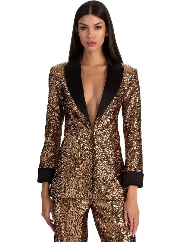 Alice + Olivia Sequin Blazer With Satin Lapels - Black
