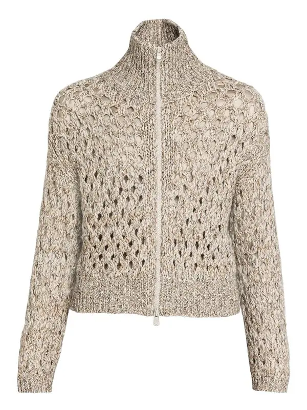 Brunello Cucinelli Paillette Cashmere Mohair Zip Cardigan - White And Grey