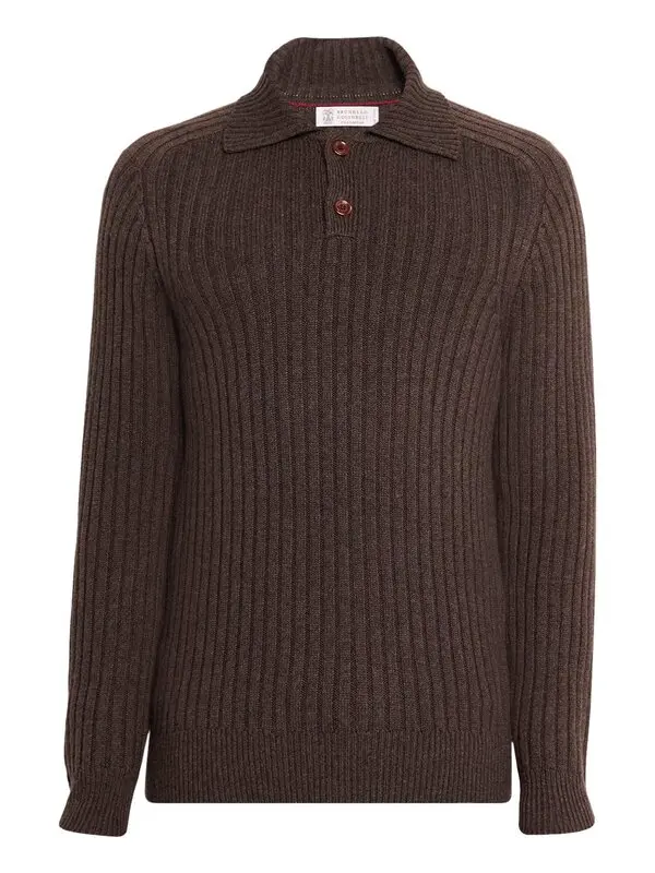 Brunello Cucinelli Cashmere Rib Polo Sweater - Dark Brown