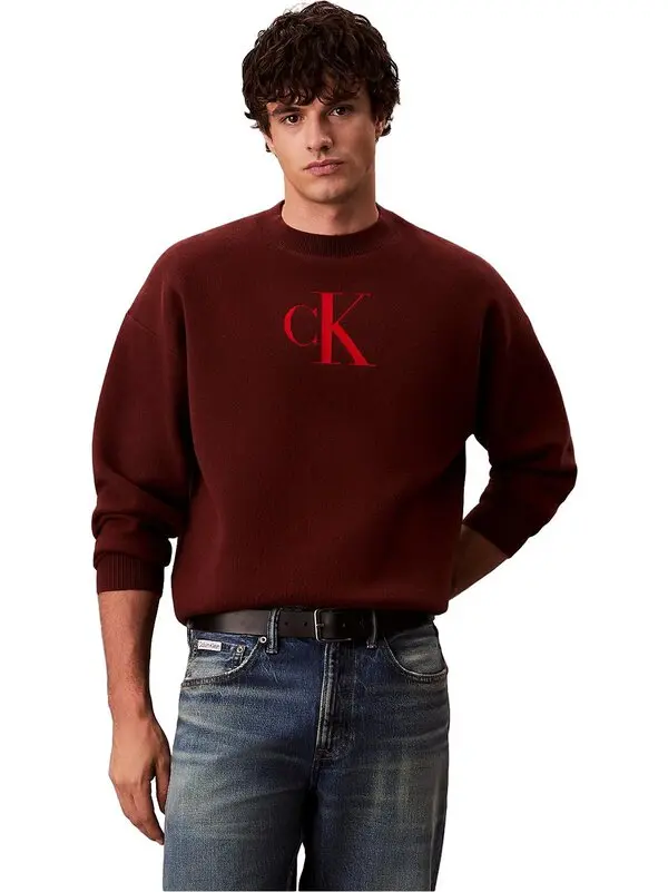 Calvin Klein Cotton Blend Monogram Relaxed Sweater - Red