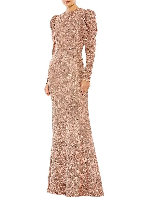 Mac Duggal Sequined High Neck Puff Long Sleeve Column Gown - Copper