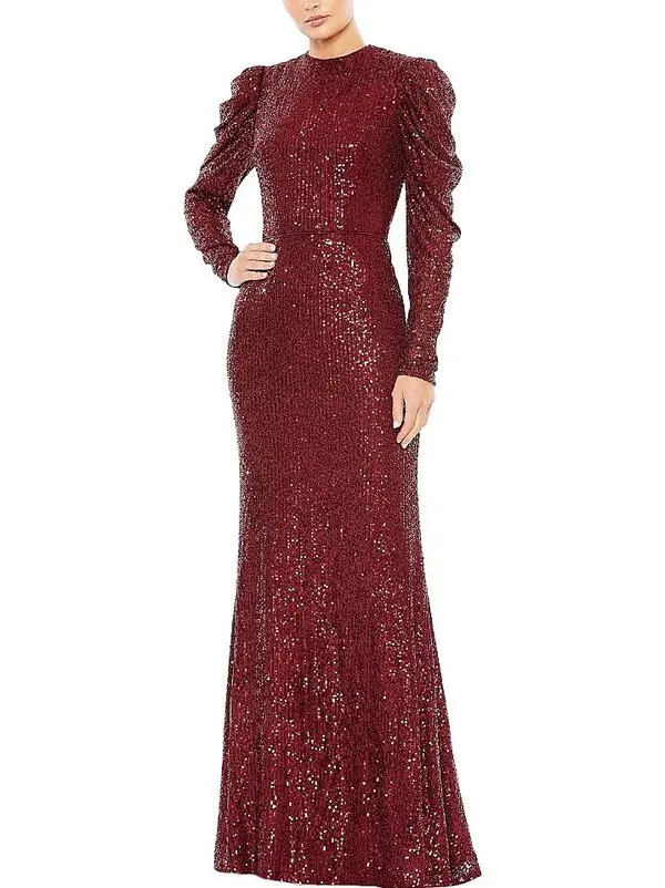 Mac Duggal Sequined High Neck Puff Long Sleeve Column Gown - Wine