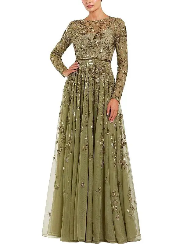 Mac Duggal Long Sleeve Embellished Floral Gown - Green