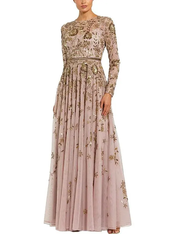 Mac Duggal Long Sleeve Hand Embellished Floral A-line Gown - Mocha Multi
