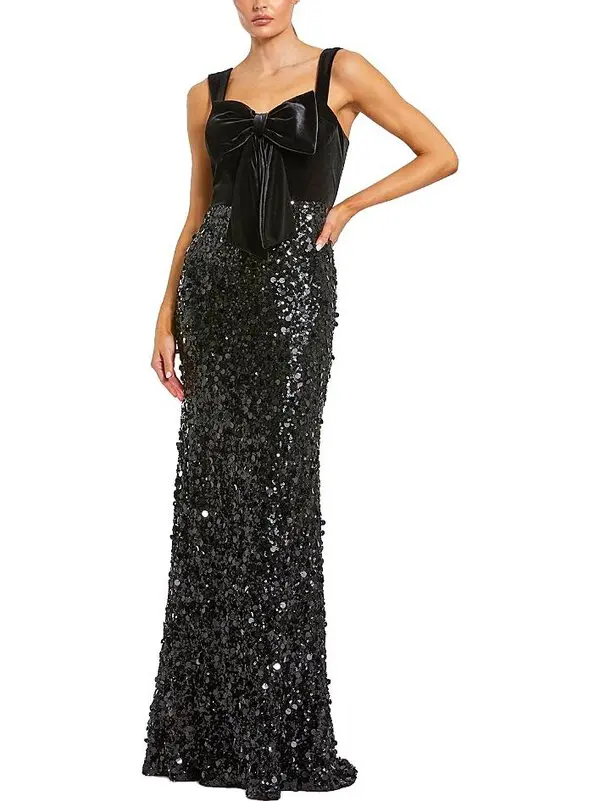 Mac Duggal Sequin Column Gown With Velvet Bow Detail - Black