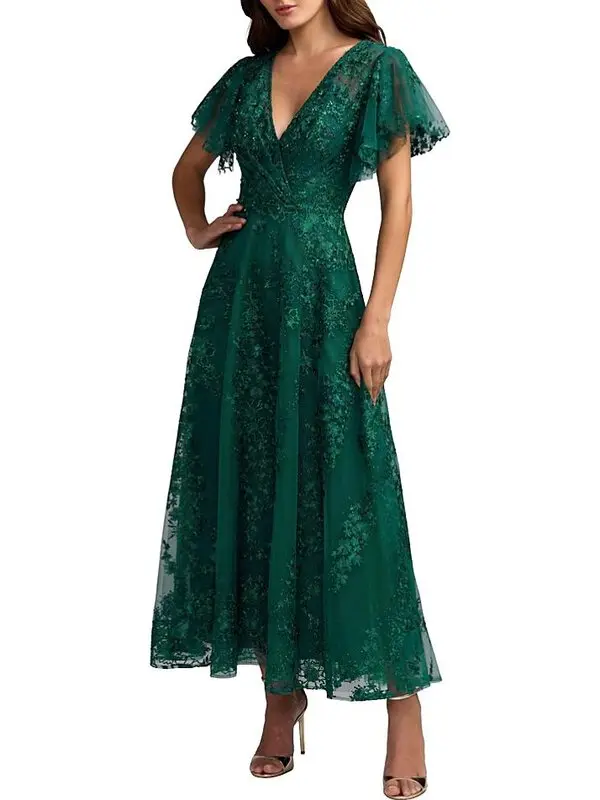 Mac Duggal Flutter Sleeve Embellished A-line Tea-length Dress - Emerald