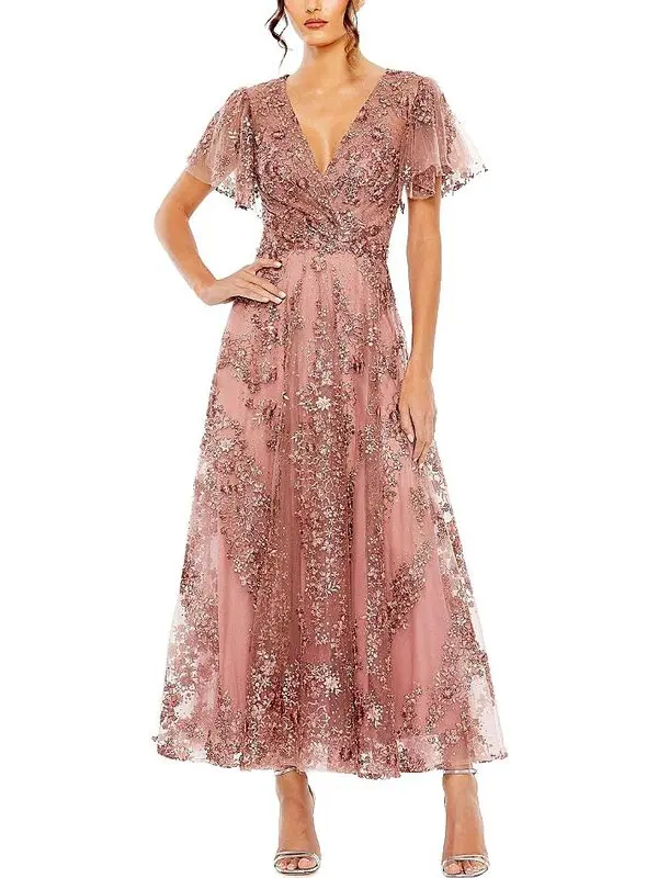 Mac Duggal Flutter Sleeve Faux Wrap V-neck Embellished A-line Tea-length Dress - Mauve
