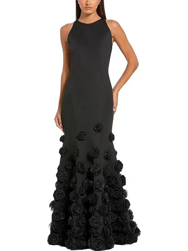 Mac Duggal Crepe Mermaid Gown With 3d Floral Hem - Black