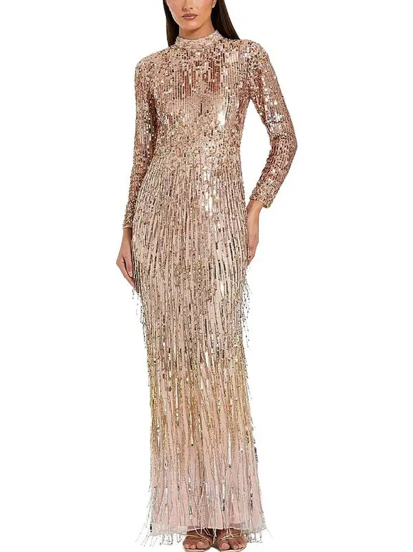 Mac Duggal Mock Neck Long Sleeve Sequin & Fringe Column Gown - Gold Silver Ombre