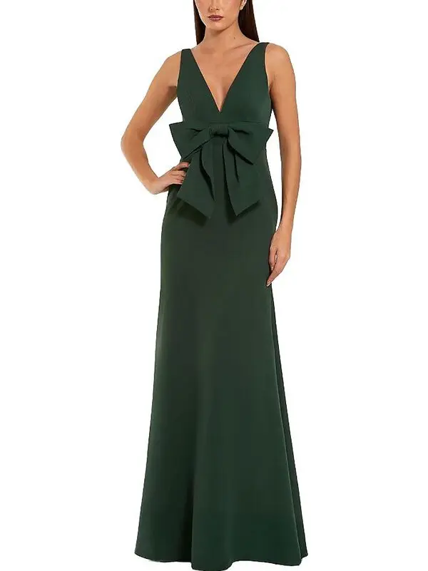 Mac Duggal Sleeveless V-neck Column Gown With Oversized Bow - Emerald