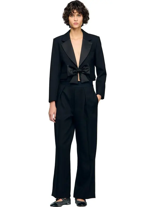 Sandro Satin Bow Cropped Jacket - Black